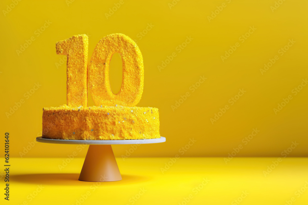 Birthday cake on a 10 years decorated with topper number ten on a ...