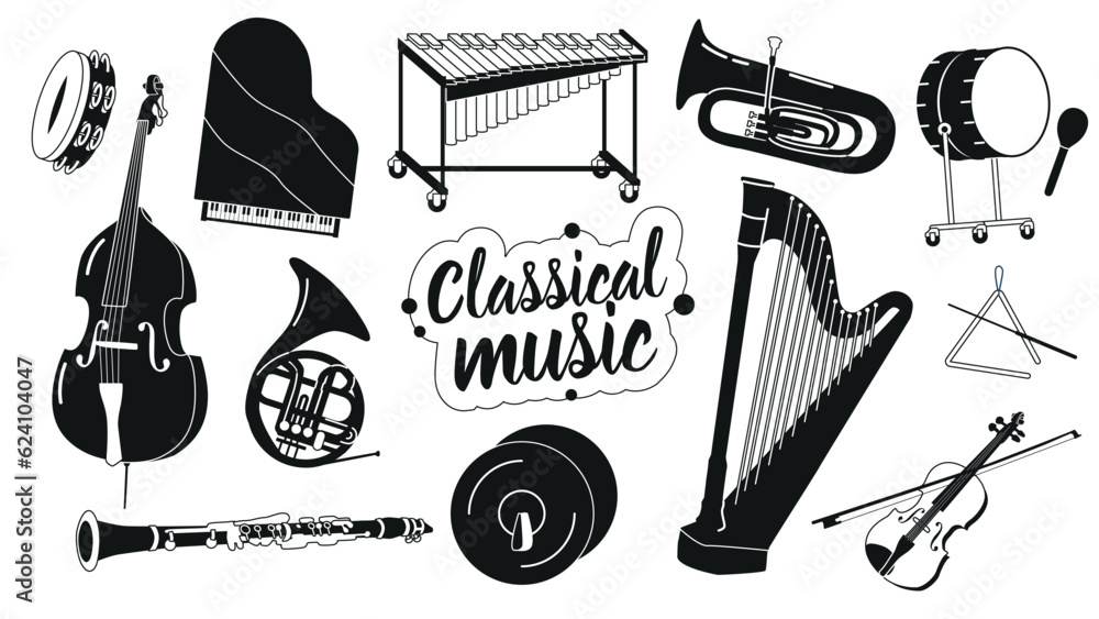 Set Of Classical Musical Instruments Black And White Icons. Tambourine ...