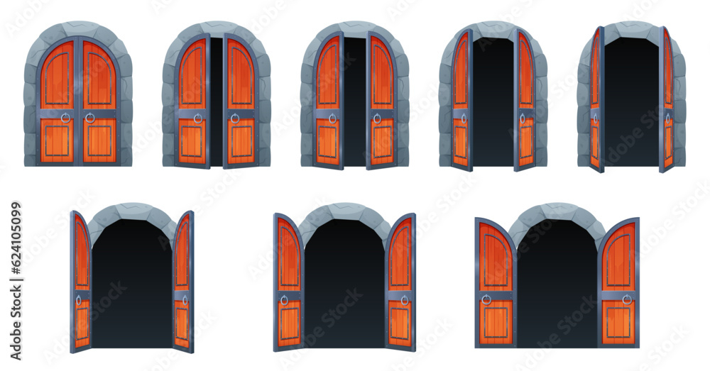 Castle door open, animation set vector illustration. Cartoon isolated ...