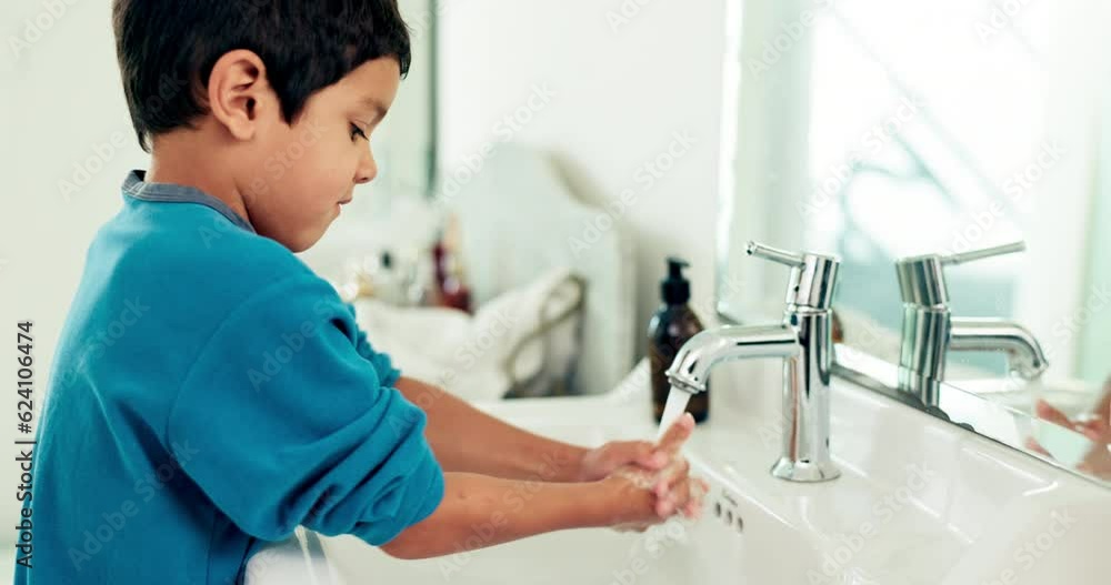 Young boy washing hands, hygiene and health with sustainability, water ...