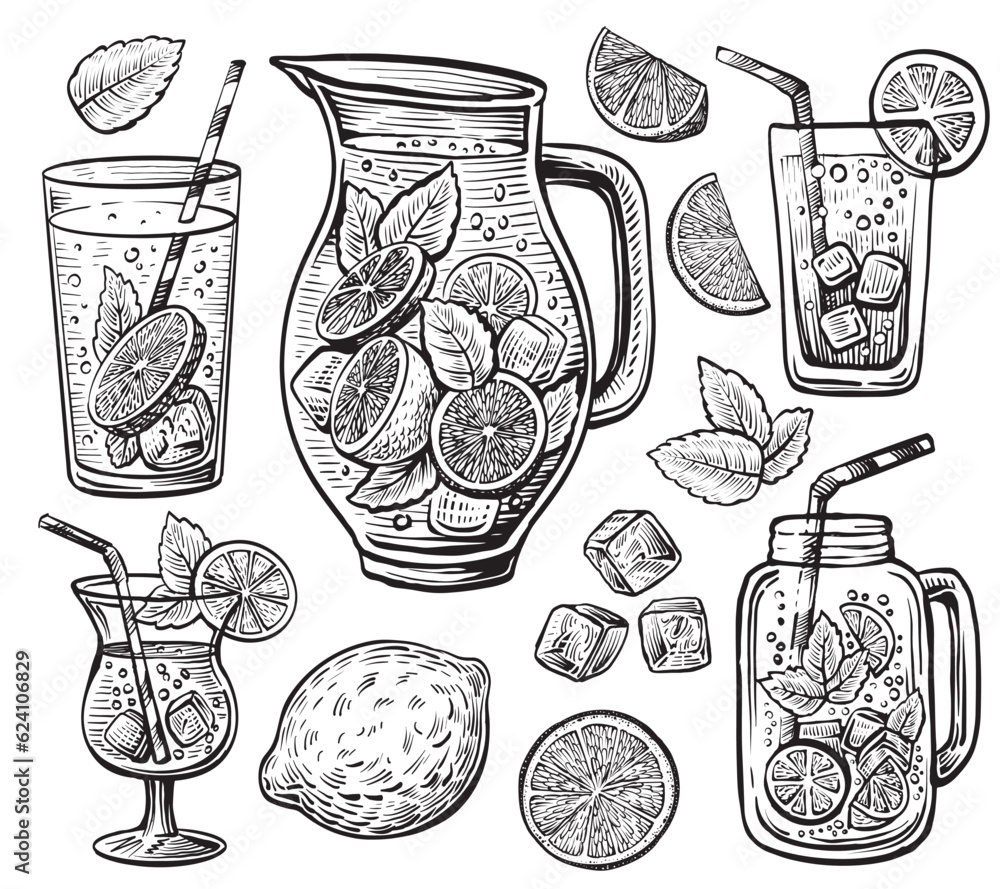 Lemonade vector sketch set. Hand-drawn vintage jug, jar, and glass with ...