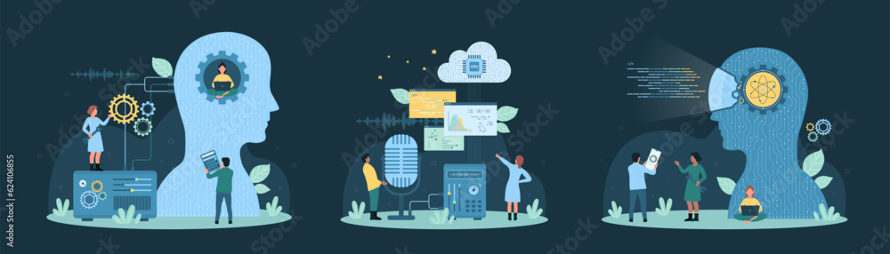 Cartoon tiny people work with computers, brain with artificial ...