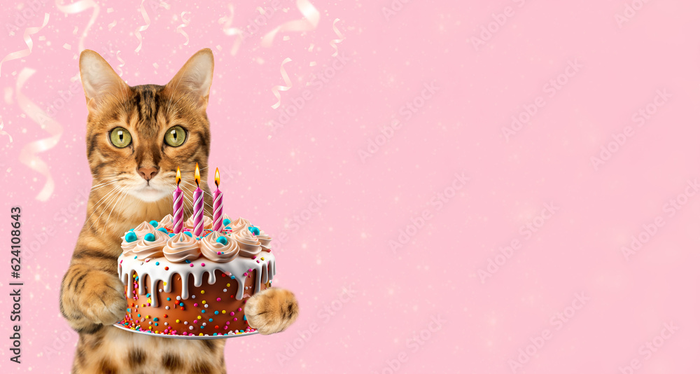 Ginger cat with a birthday cake and candles on a festive background ...