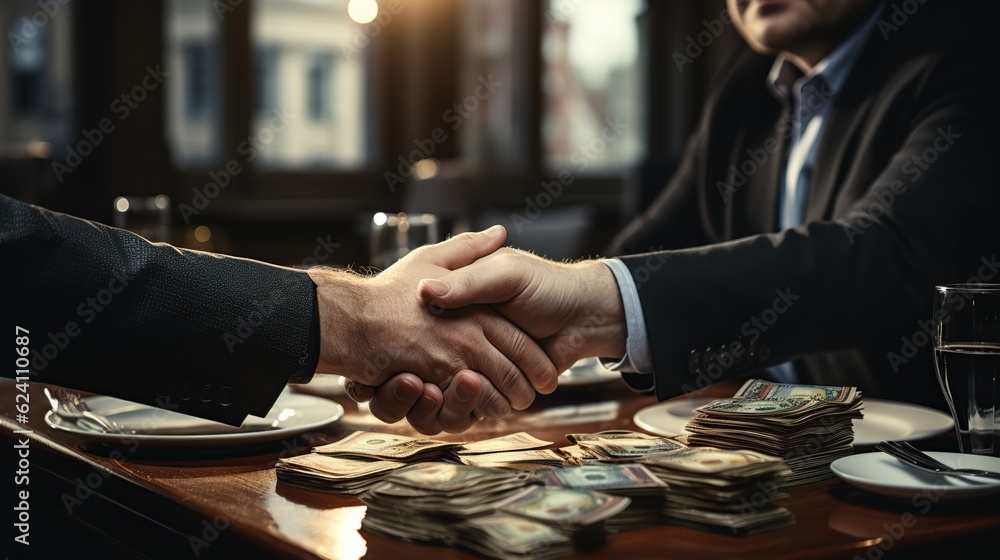 Handshake people with new employee deal contract with much money .AI ...