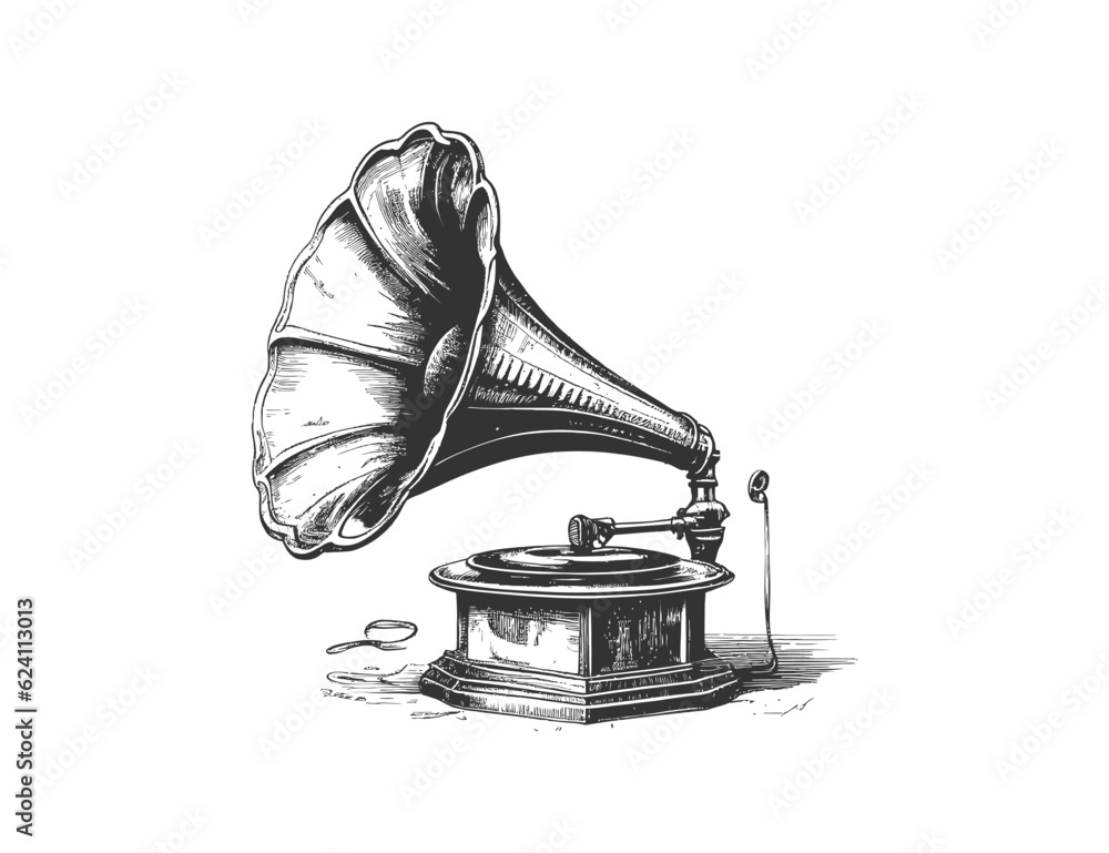 Musical gramophone sketch hand drawn vintage. Vector illustration ...