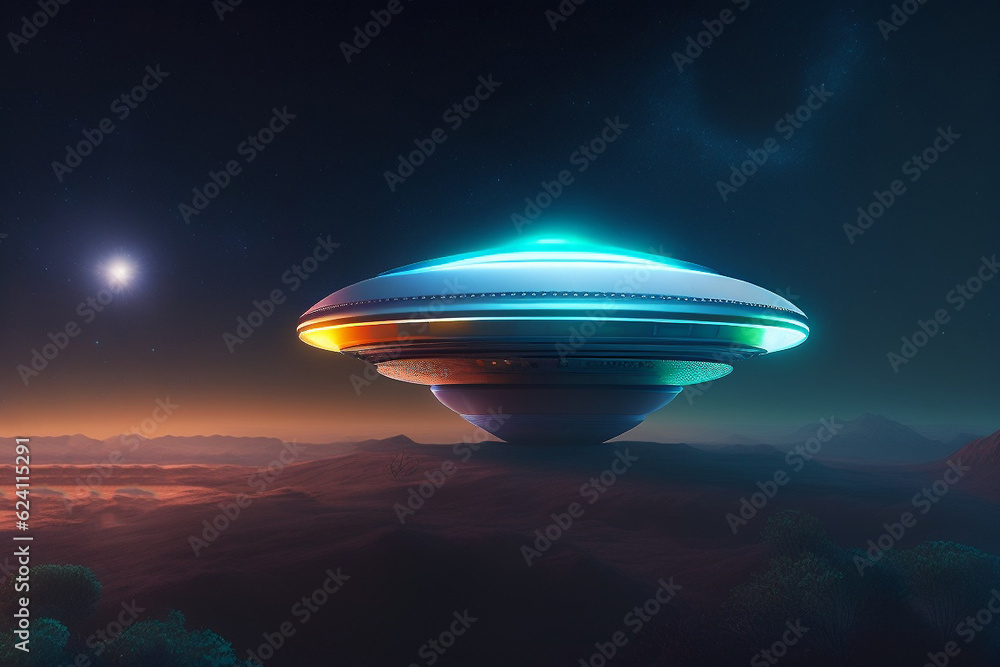 UFO flying over planet Earth, mountain. starry night sky background ...