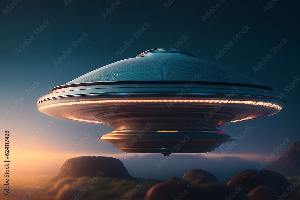 UFO flying over planet Earth, mountain. starry night sky background ...