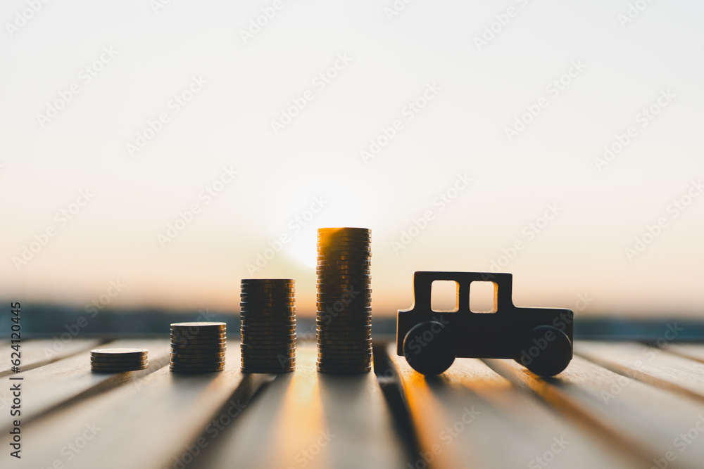 Car symbol with coin stack. Concepts of a symbol for buying a new car ...