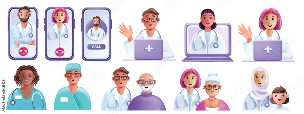 3D online doctor vector telemedicine concept, medical video call man ...