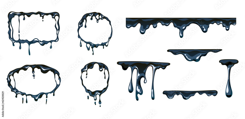 Ink splat spot drop drip splash black oil frame isolated set. Vector ...