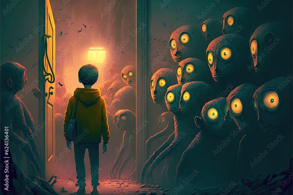 Boy standing at open door with alien heads and eyes watching. Sci-fi ...