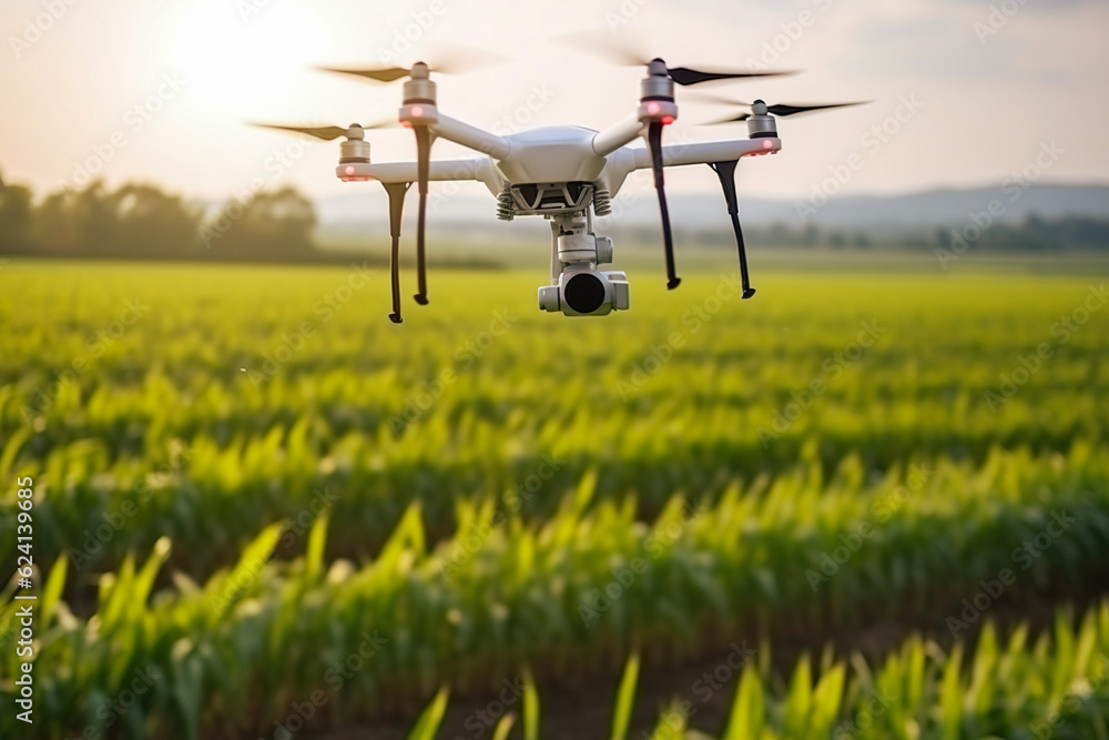 Agriculture Drone Monitoring Green Corn Field. Quadcopter Flying Above ...