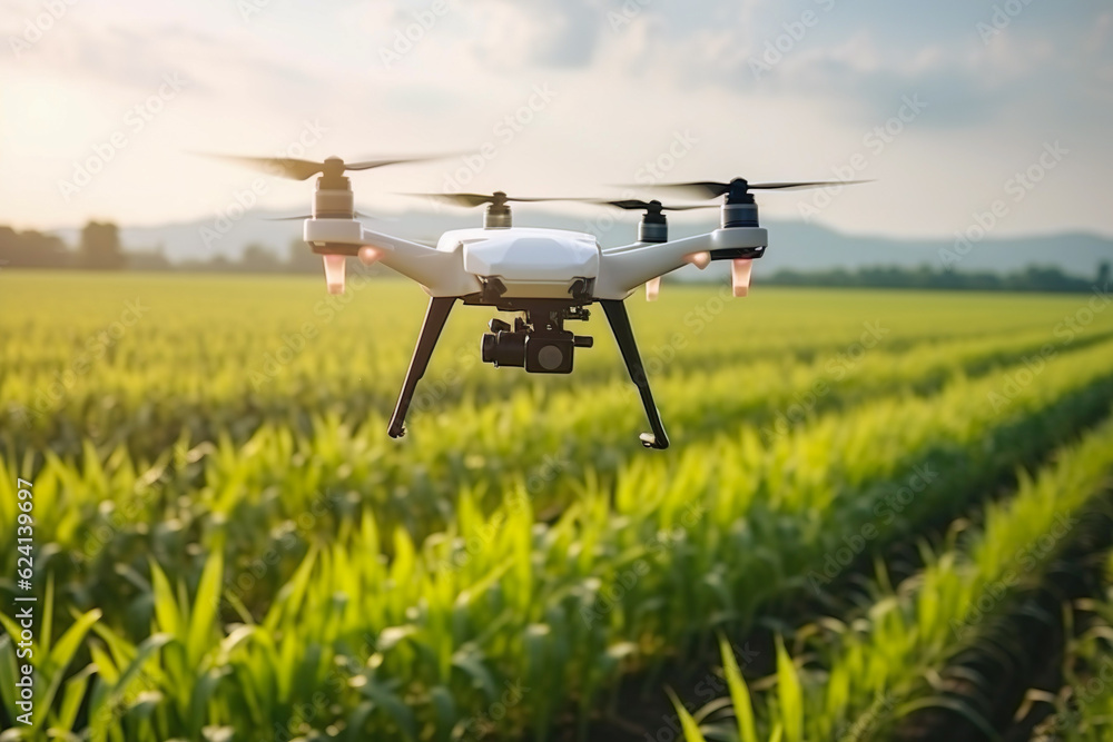 Agriculture Drone Monitoring Green Corn Field. Quadcopter Flying Above ...
