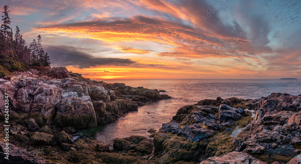 Atlantic seashore sunrise at Acadia National Park - Maine Stock Photo ...