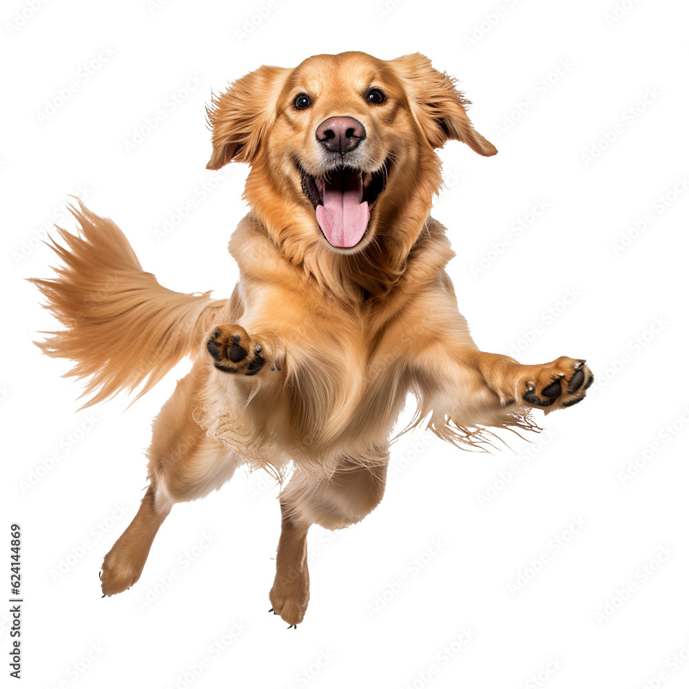 Realistic picture of a cute happy dog. Jumping on transparent ...