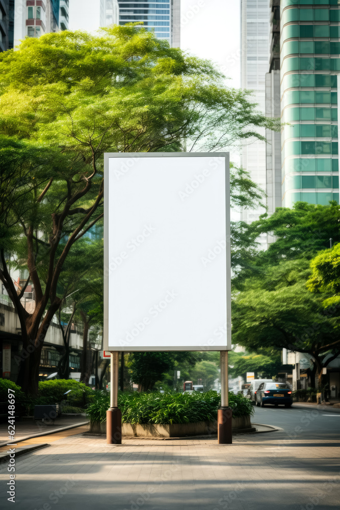Blank white digital billboard poster on city street in the midday sun ...