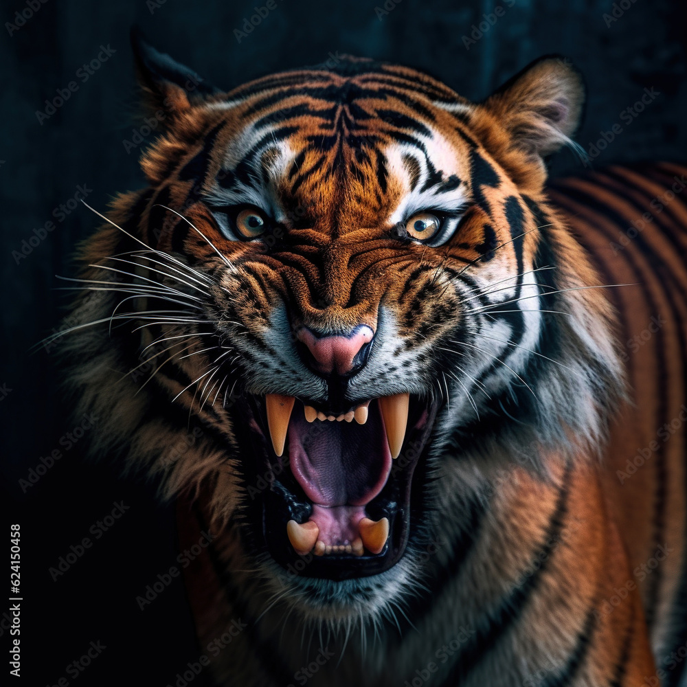 Tiger really angry face close-up. Head front view portrait black grey ...