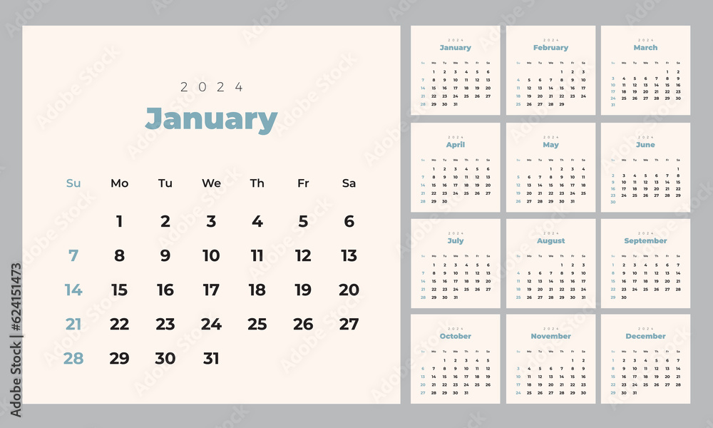 Minimalist style monthly calendar template for 2024 year. English ...