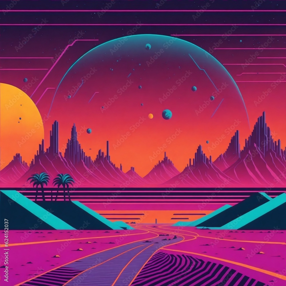 Retro background futuristic landscape 1980s style. Digital retro cyber ...