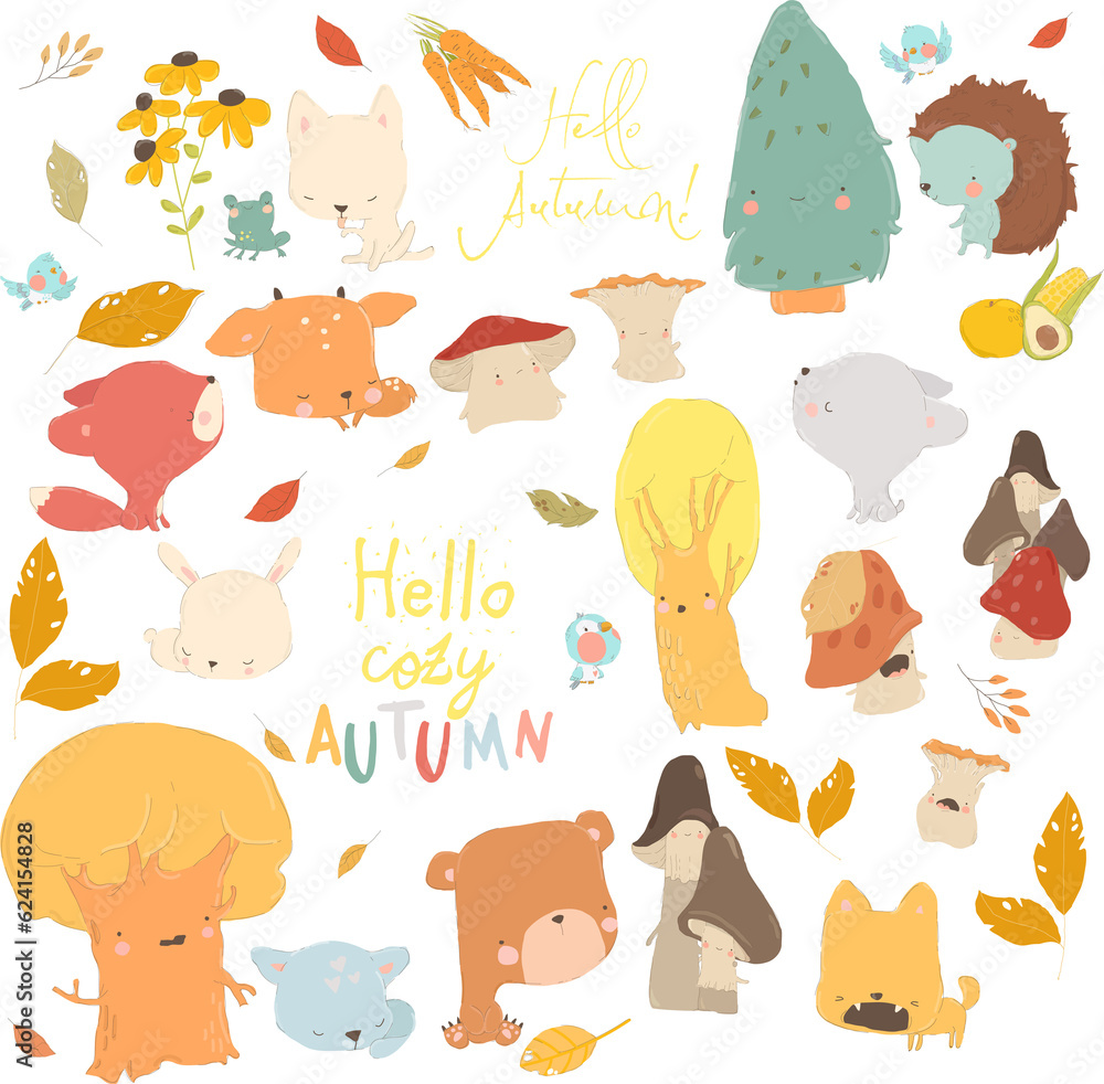 Cartoon Autumn Set with Woodland Animals and Trees. Vector Set Stock ...