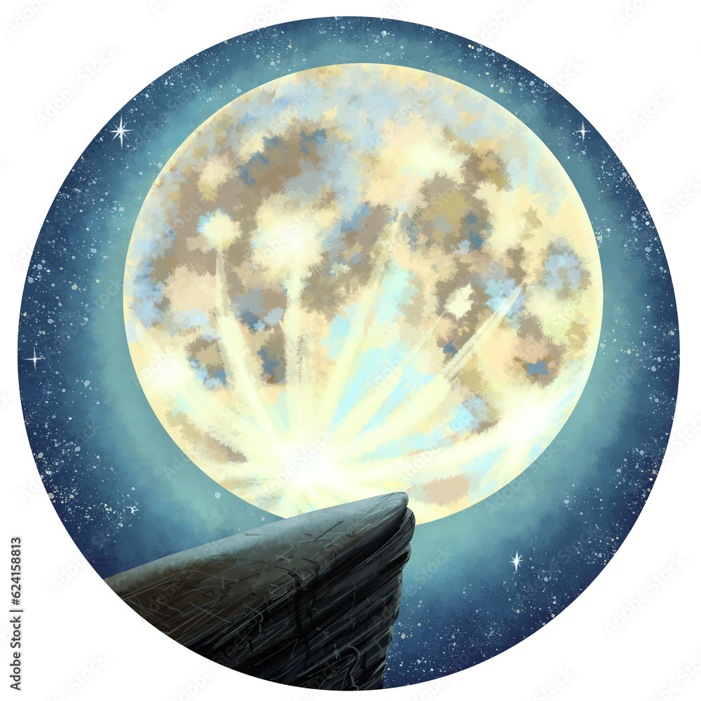 Full moon. Big moon and stone rock against the background of the night ...