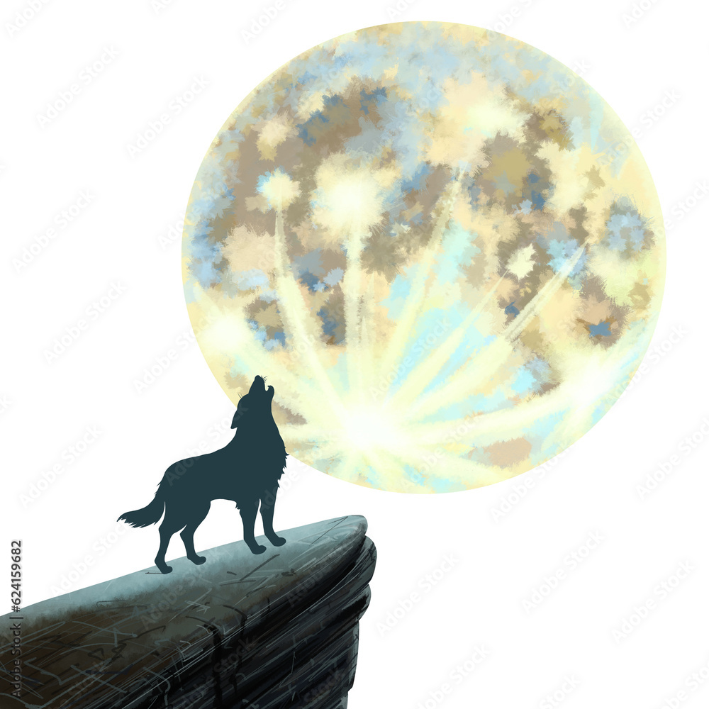 Full moon. A big moon and a she-wolf on a stone rock against the ...