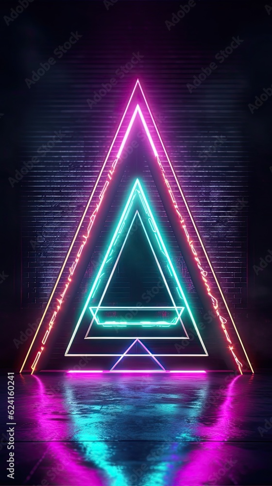 An otherworldly neon stage design with floating tetrahedrons emitting a ...