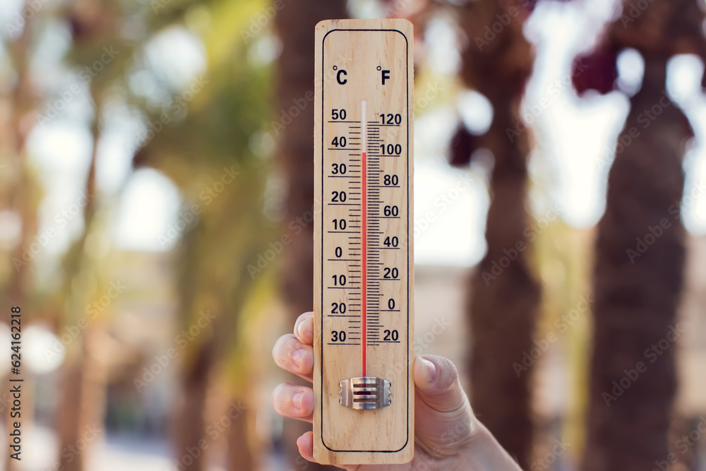 Hot weather. Thermometer in hand in front of street with trees and ...