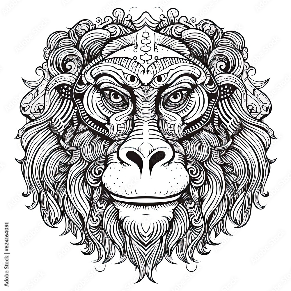Monkey animal line art illustration. Black and white coloring page ...
