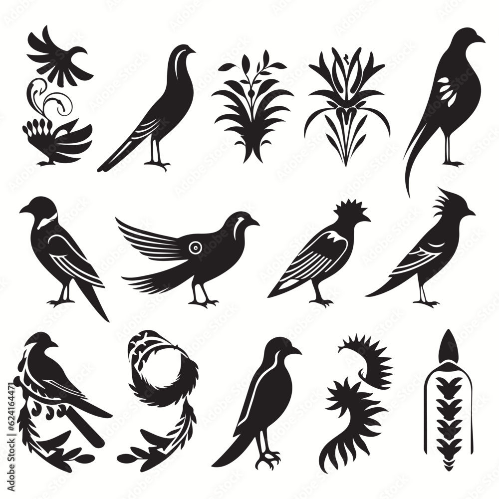 Quetzal silhouettes and icons. Black flat color simple elegant Quetzal ...