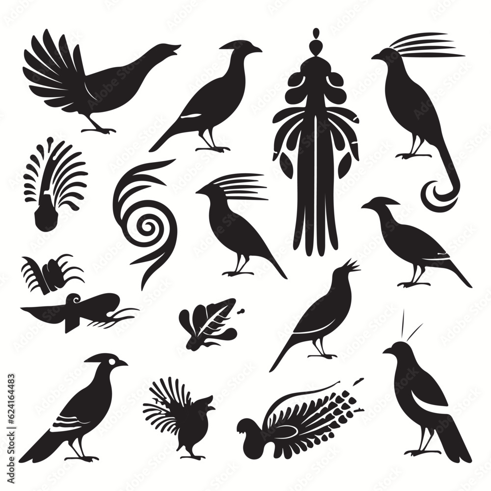 Quetzal silhouettes and icons. Black flat color simple elegant Quetzal ...