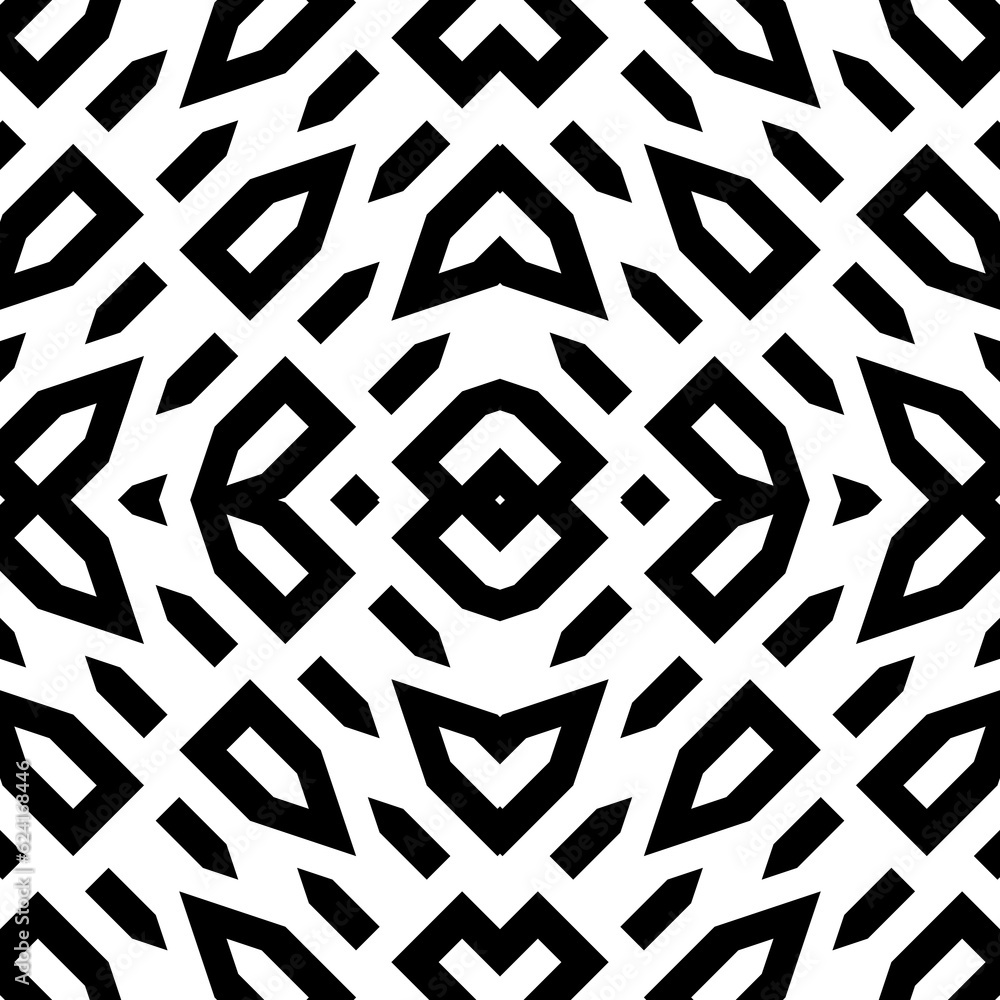 Black symmetric figures on white background. Repeating five-sided ...