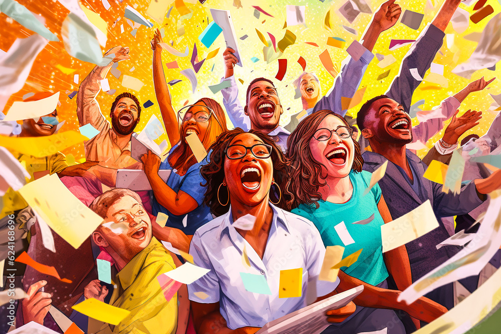 Groupe de personnes contentes levant les bras en l'air et souriant ...