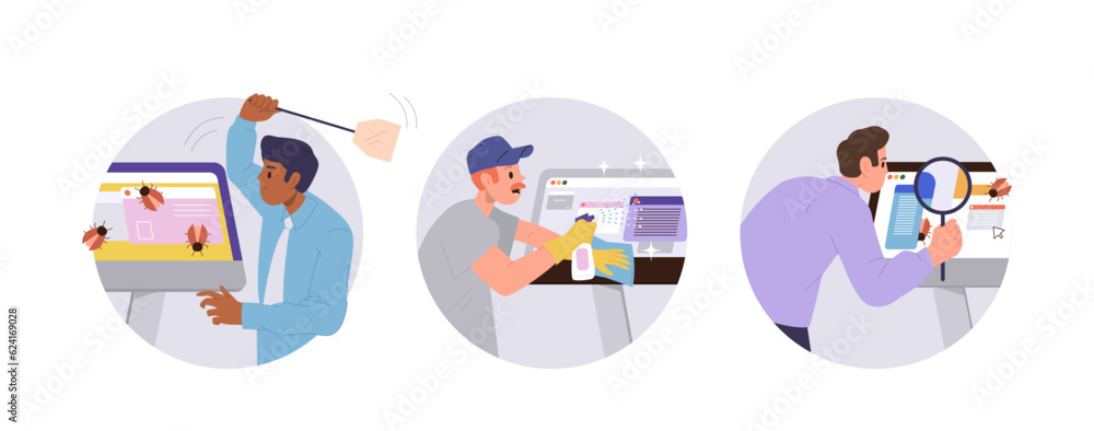 Quality assurance programmer cartoon character at work isolated set of ...