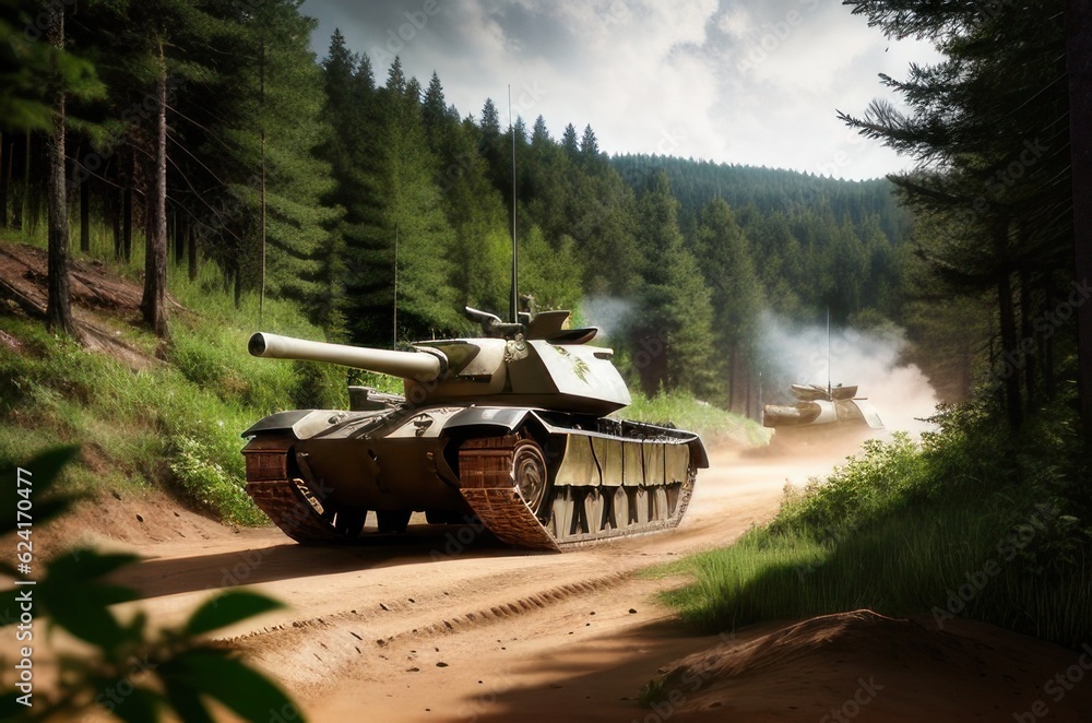 Modern armored tanks vehicle riding on the edge of forest. Tank column ...