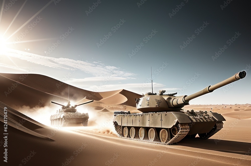 Armored tank crosses a mine field during war, desert landscape with ...