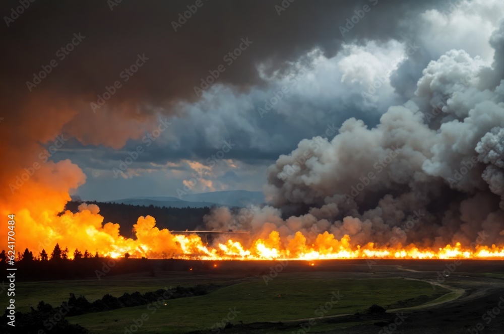 Fire, dust and smoke after shelling on battlefield in modern war ...