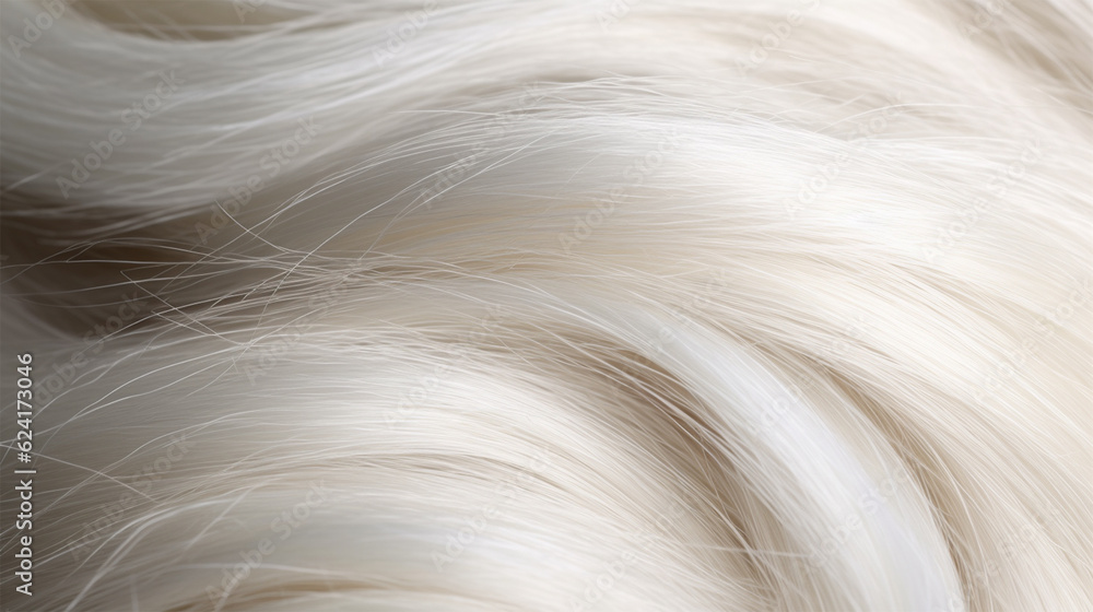 A closeup view of a bunch of shiny perfectly white hair in a wavy style ...
