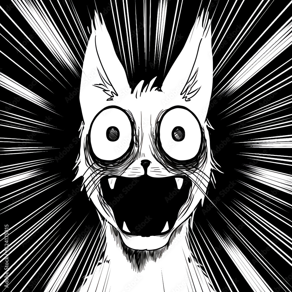 Transparent black comic cartoon illustration of screaming cat panicking ...
