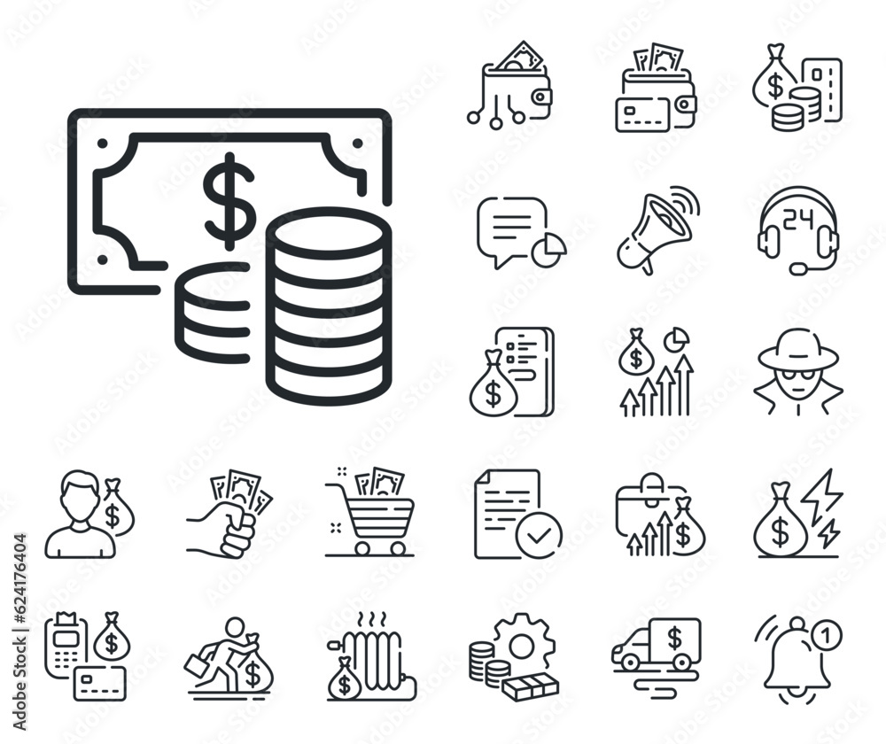 Cash money sign. Cash money, loan and mortgage outline icons. Coins ...