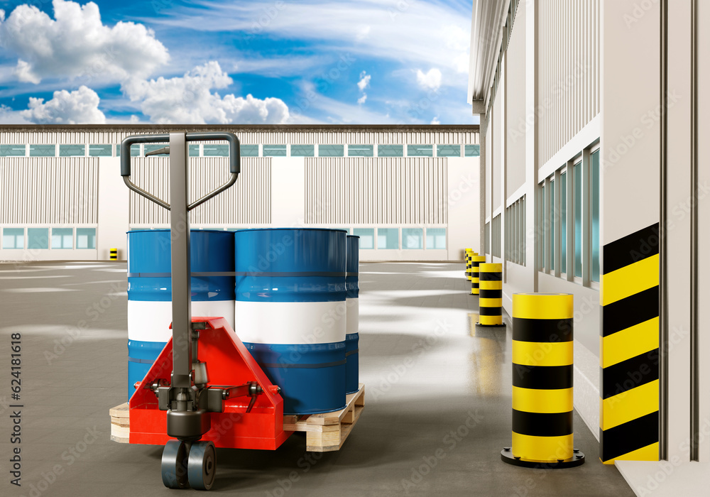 Foto de Pallet jack with barrels. Warehouse area. Hydraulic cart near ...