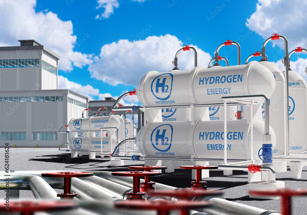 Hydrogen energy. Modern industrial enterprise. White tanks with ...