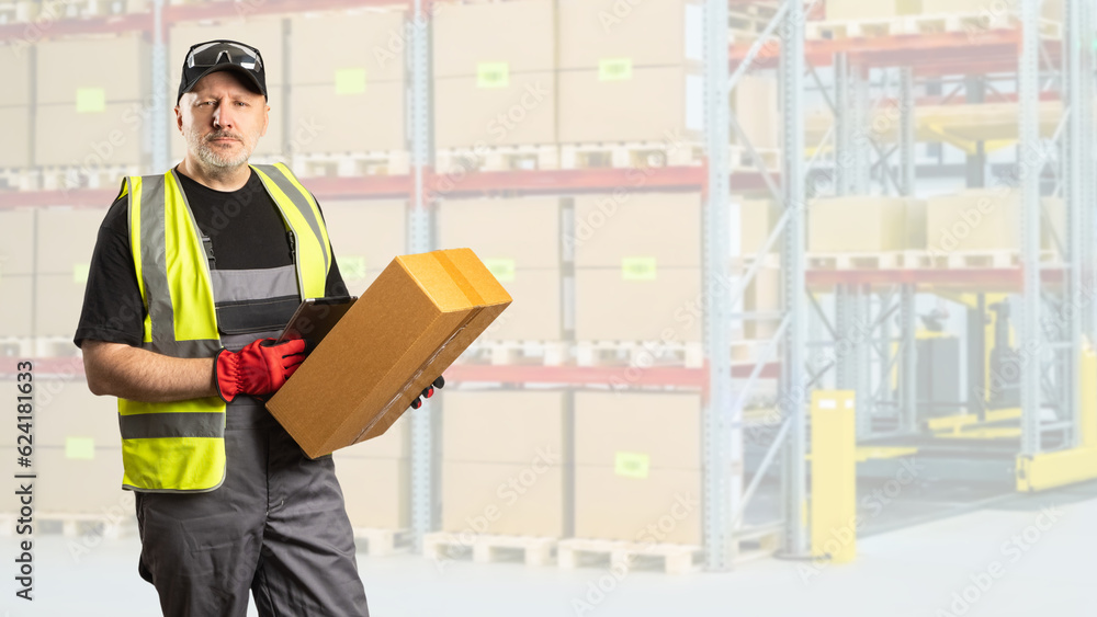Man warehouse worker. Worker with box and tablet. Guy storekeeper looks ...