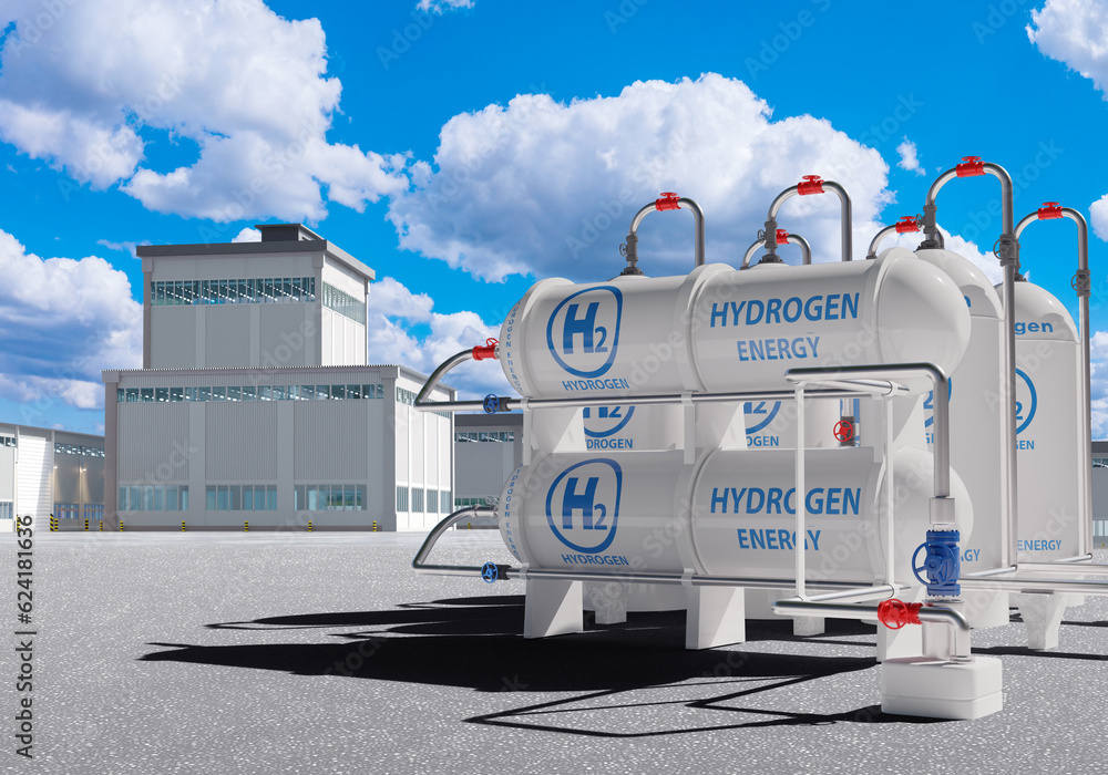 Hydrogen factory. Territory plant with gas tanks. Production and ...