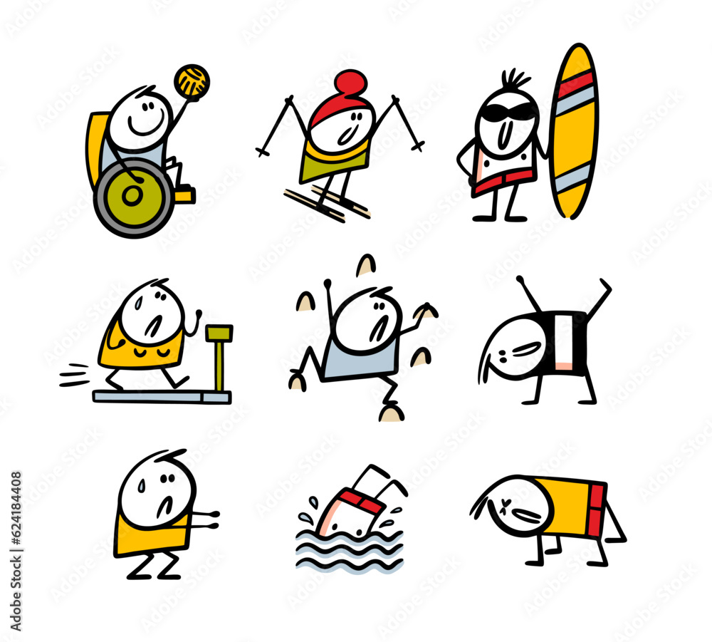 Vector illustration set of sporty people. Doodle collection of winter ...