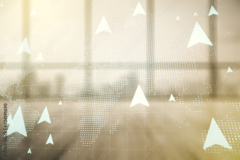 Double exposure of abstract virtual world map with pins hologram on ...