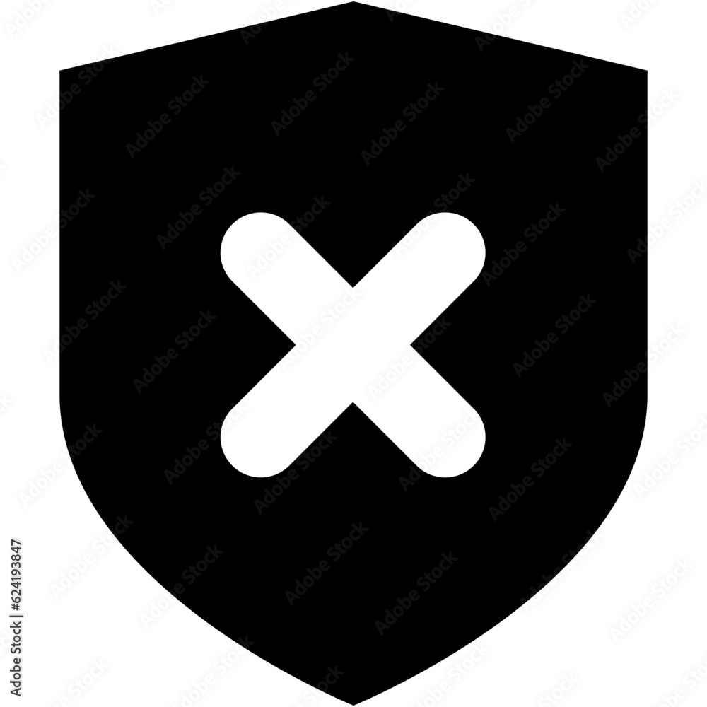 Soiled black shield shape icon with insecure crossmark x, simple not ...