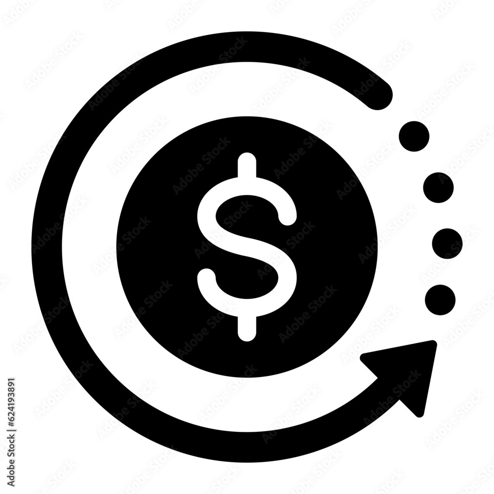 Black round money back refund investment icon, financial repeat arrow ...