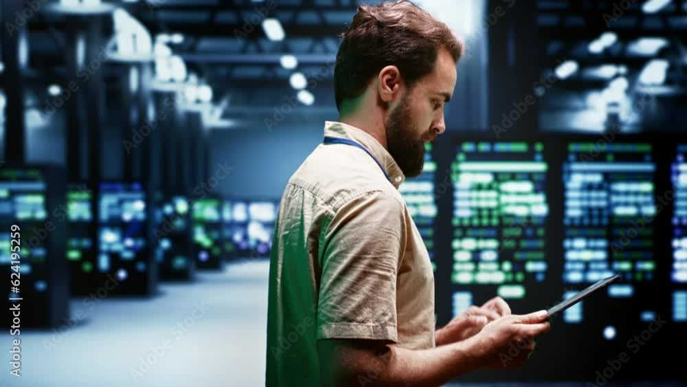 Engineer in data center using renewable solar and wind energy sources ...