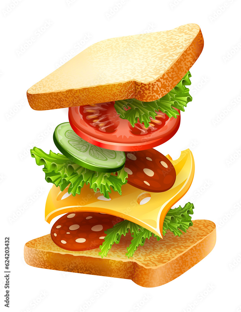 Exploded view of sandwich ingredients with cheese, tomatoes, lettuce ...